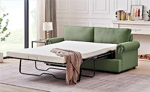 Container Furniture Direct Reversible Sleeper Sofa with Memory Foam Mattress, Comfortable and Durable Full Size Bed Couch for Living Rooms, Upholstered with Corduroy Fabric, 70" Wide, Dark Green