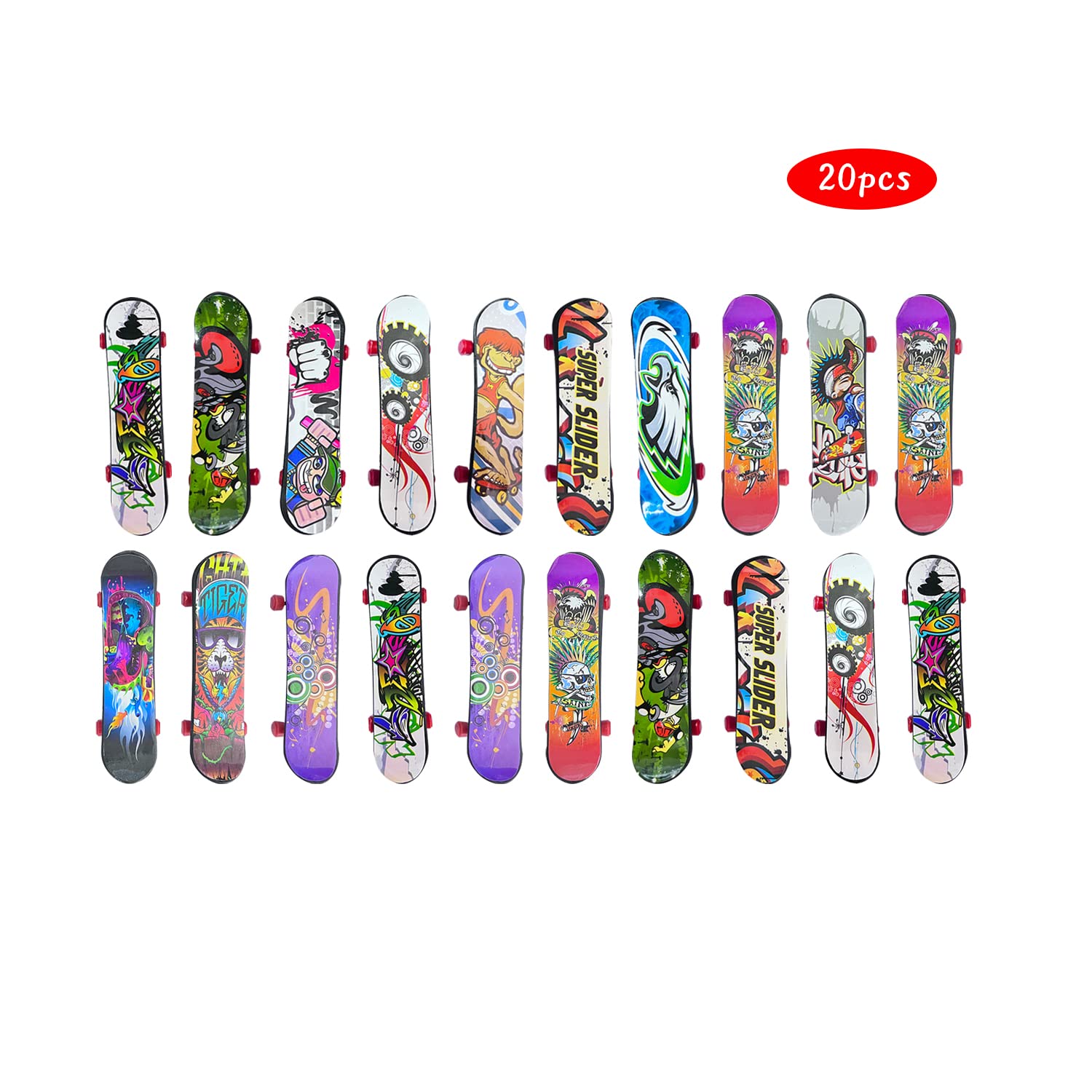 RONGYI Finger Skateboard Set, 20 Pieces Finger Skateboard Professional Mini Fingerboards Skatepark Game Keychain Decoration for Skateboard Lovers Gifts for Children, One Sided Pattern