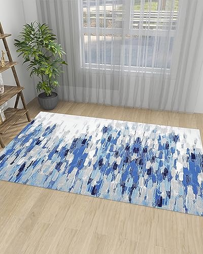 Contemporary Blue Large Rectangular Area Rugs 5' x 7' Living Room, Abstract Rustic Painting Art Durable Non Slip Rug Carpet Floor Mat for Bedroom Bedside Outdoor