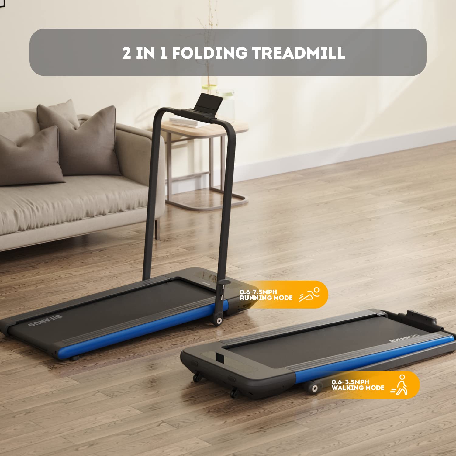 Bifanuo 2 in 1 Folding Treadmill, Smart Walking Running Machine with Bluetooth Audio Speakers, Installation-Free，Under Desk Treadmill for Home/Office Gym Cardio Fitness（Blue）