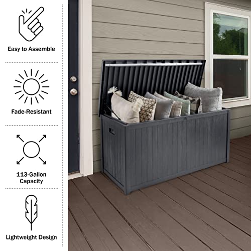 Pure Garden Storage Box - 113Gal Waterproof Box for Patio or Pool Storage - Durable and Fade-Resistant Resin Deck Box with Lockable Design (Gray)