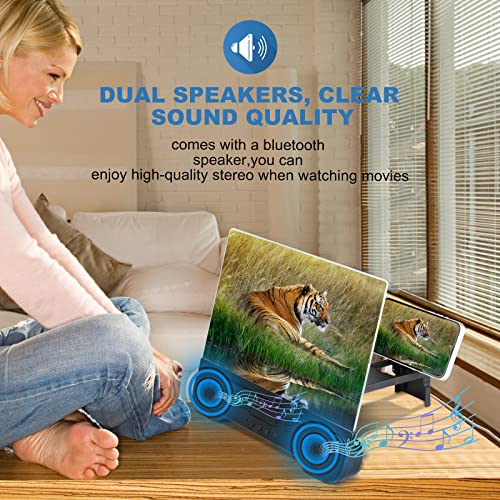 HSRBO 14" Cell Phone Screen Magnifier with Wireless Speaker Foldable Phone Stand with HD Screen Amplifier for Movies,Videos,Reading,Gaming,Compatible with All Smartphones Black