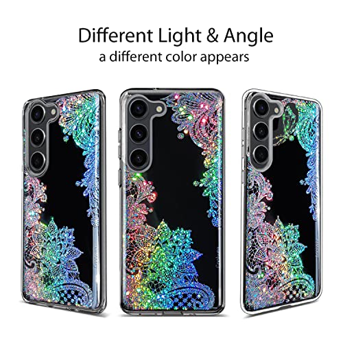 Coolwee Clear Glitter for Samsung Galaxy S23 Plus Case Thin Flower Slim Cute Crystal Lace Bling Sparkle Floral Hard Plastic Cover Back Soft TPU Bumper Protective Mandala Henna Anti Yellowing