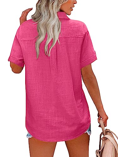 HOTOUCH Linen Shirt Women Pink Button up Shirt Oversized Button Down for Women Business Attire Watermelon Pink L