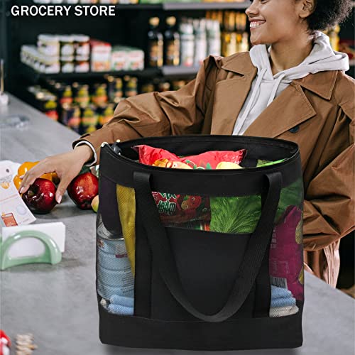hsmyank 2Pack Lightweight Mesh Tote Bag,Sandproof Beach Bags with Zipper &Double Pocket For Groceries,Poolside,Travel,Toys,Gym (Black)