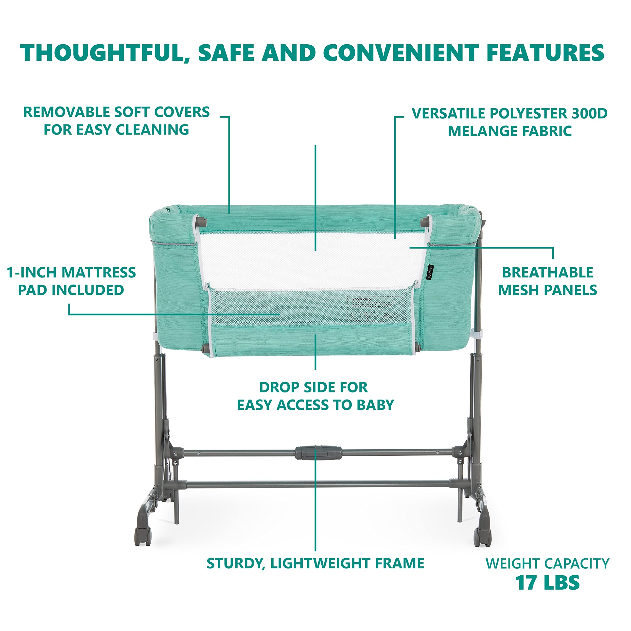 Dream On Me Zimal Bassinet and Bedside Sleeper in Mint, Lightweight and Portable Baby Bassinet, Breathable Mesh Panels, Easy to Fold and Carry Travel Bassinet, JPMA Certified