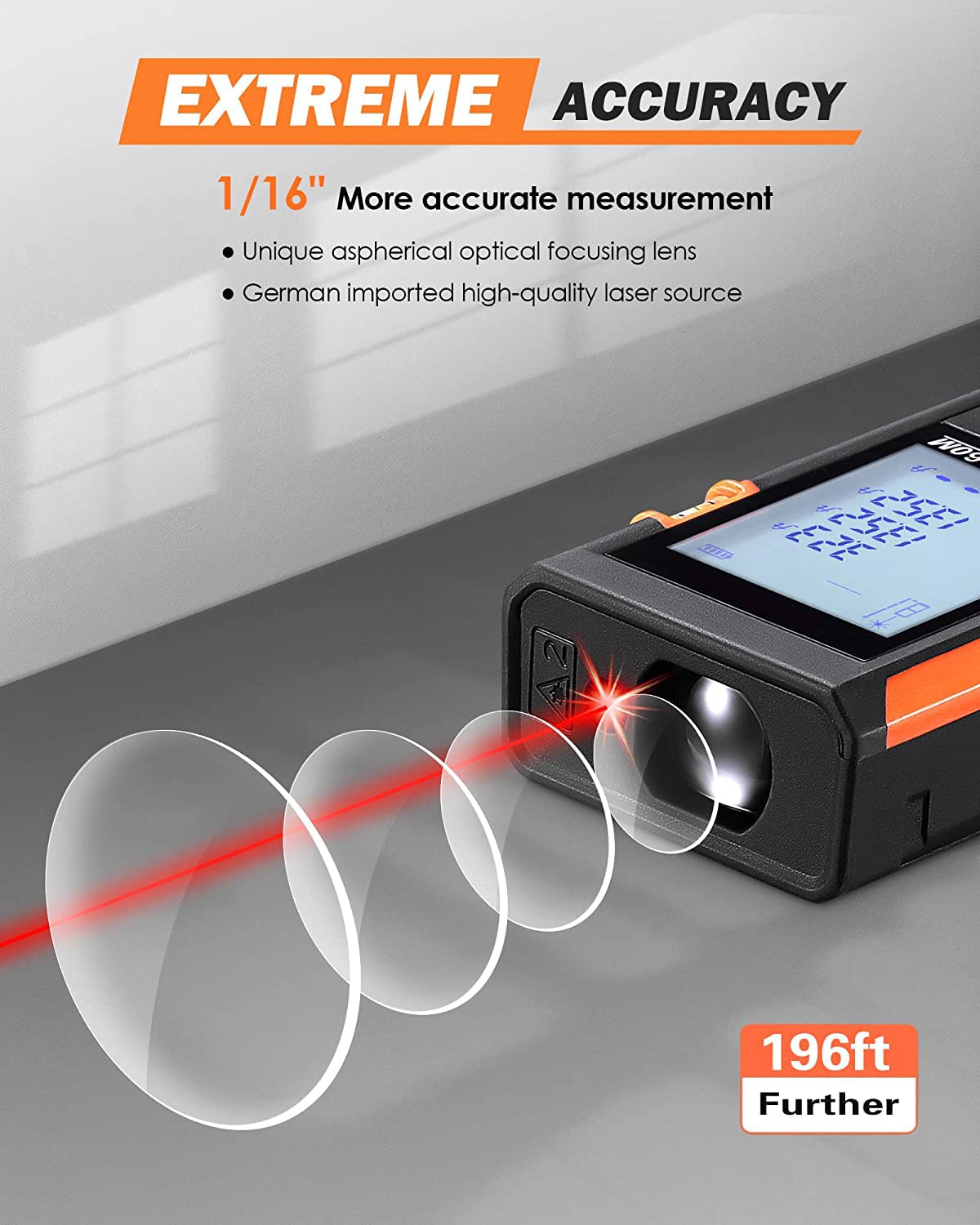Classic Laser Measure,Digital Laser Measure w/2 Bubble Levels, M/in/Ft/Ft+in Unit Change, Large Backlit LCD, IP54 Shockproof & Waterproof, Live Measuring, Area, Volume, Pythagoras