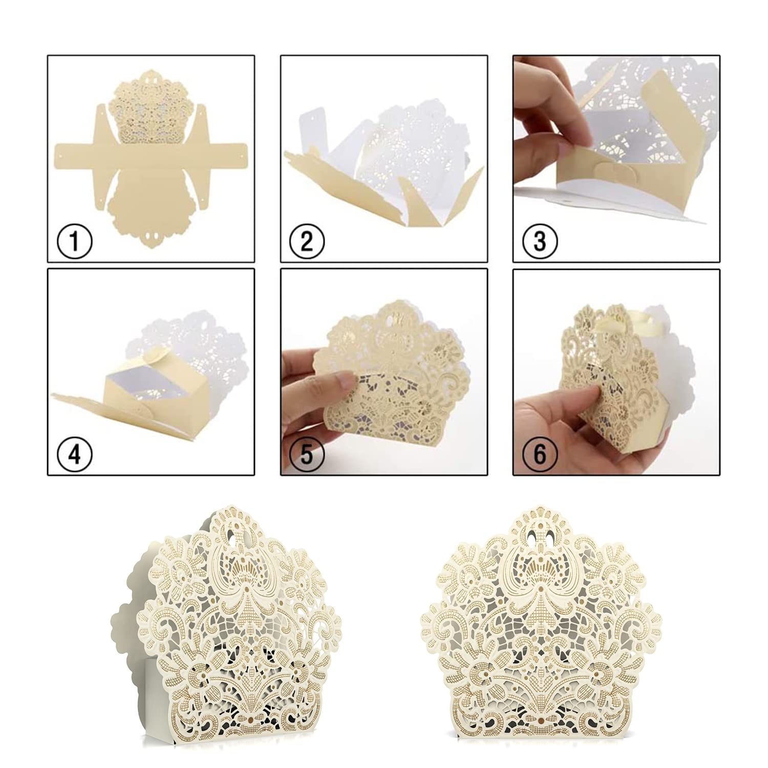 Maykah 50 Packs Candy Boxes for Wedding Favor, Flower Gift Box Candy Box with Ribbons for Bridal Shower Wedding Party Anniversary Favors, Off White