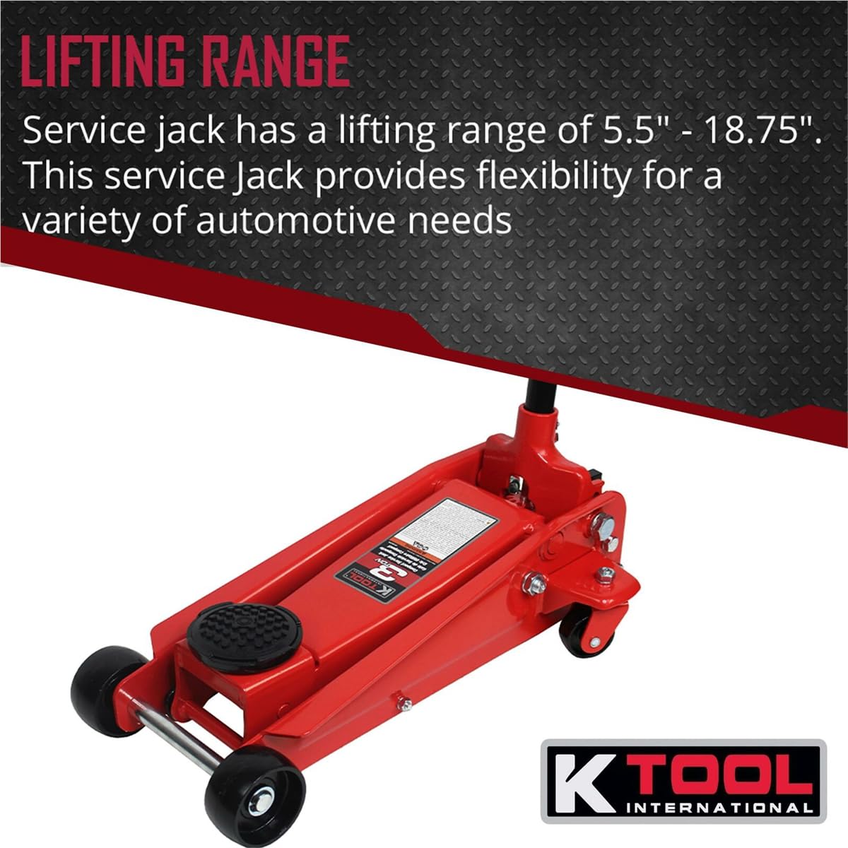 K Tool International 63131B 3 Ton Automotive Service Floor Jack for Garages, Repair Shops, and DIY, Portable, Compact, 6,000 lbs. Capacity, Hydraulic Lifting Range 5.5" - 8.75", Heavy Duty Steel, Red