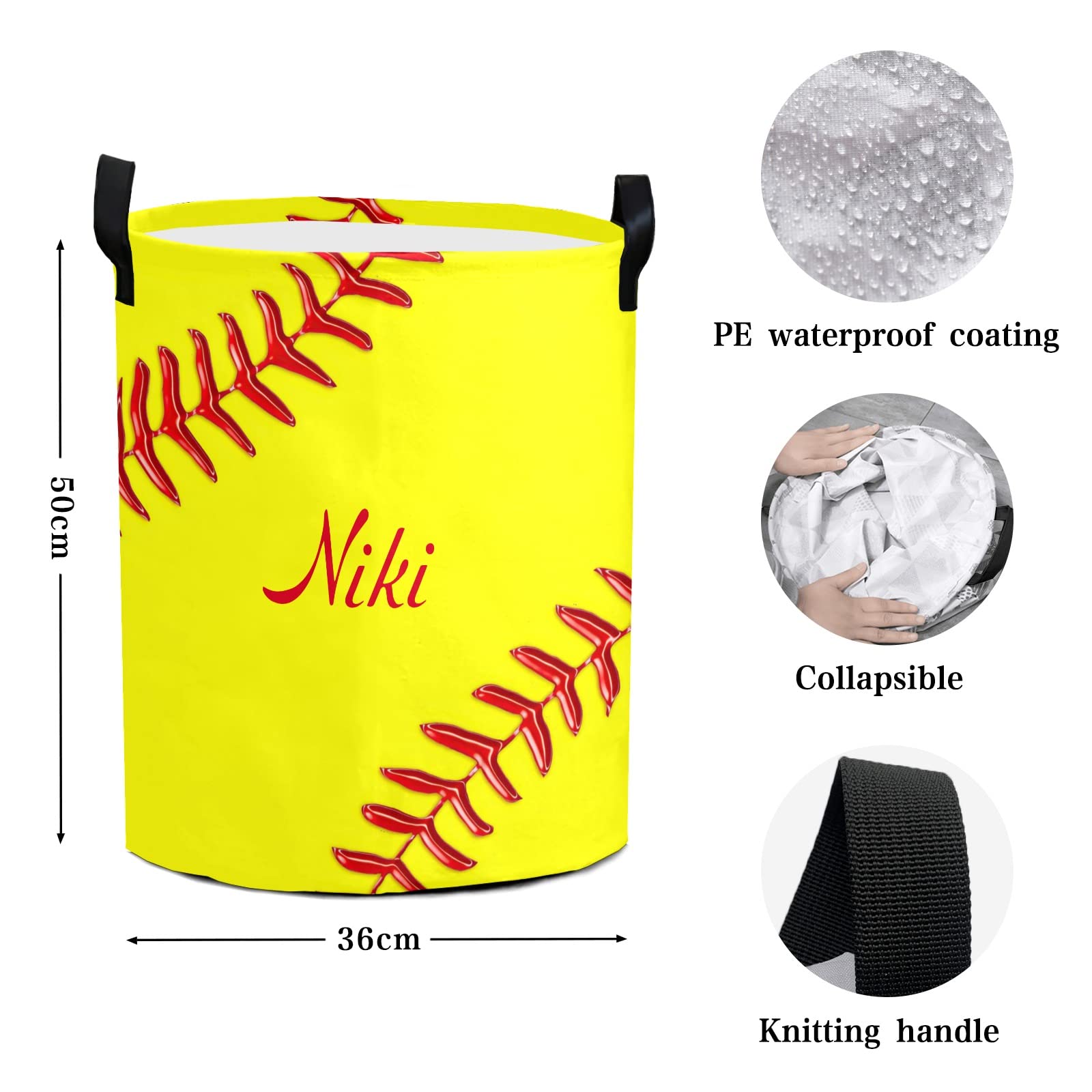 BigBigift Softball Laundry Hamper Personalized with Name Canvas Waterproof Storage Bin with Handle for Kids Nursery Hamper Gift Baskets Home Organizer, 19.6x14 inch (HxD)