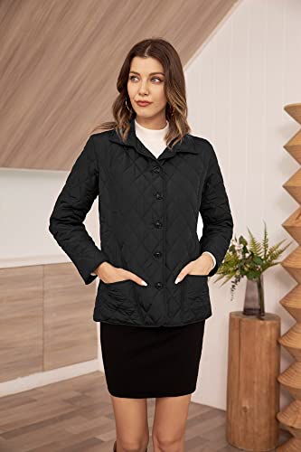 GRACE KARIN Women Lightweight Jacket Casual Winter Quilted Coat Lapel Button Down Long Sleeve Outwear with Pockets Black L