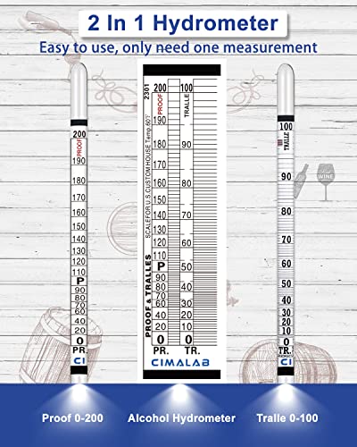 Cimalab Hydrometer Alcohol Meter Test Kit, Hydrometer Alcohol 0-200 Proof & 0-100 Tralle with Hydrometer Test Jar, Alcohol Proof Tester for Liquor, Moonshine, Proofing Distilled