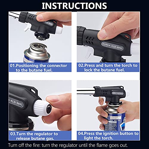 Butane Torch Kitchen Blow Lighter Gas burner - Culinary Torches Chef Cooking Professional Adjustable Flame with Reverse Use, for Creme, Brulee, BBQ, Camp, Baking (Butane Not Included)（Black）