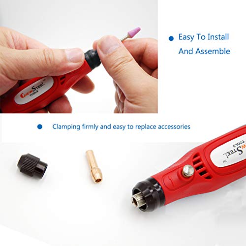CHEW STEEL TOOLS 3.6V Li-on Cordless Rotary Tool - Three-Speed with 31-Piece Rotary accessory Kit, USB Charging Cable, Collet Size 3/32-inch(2.3mm) - Perfect for Small Light Jobs