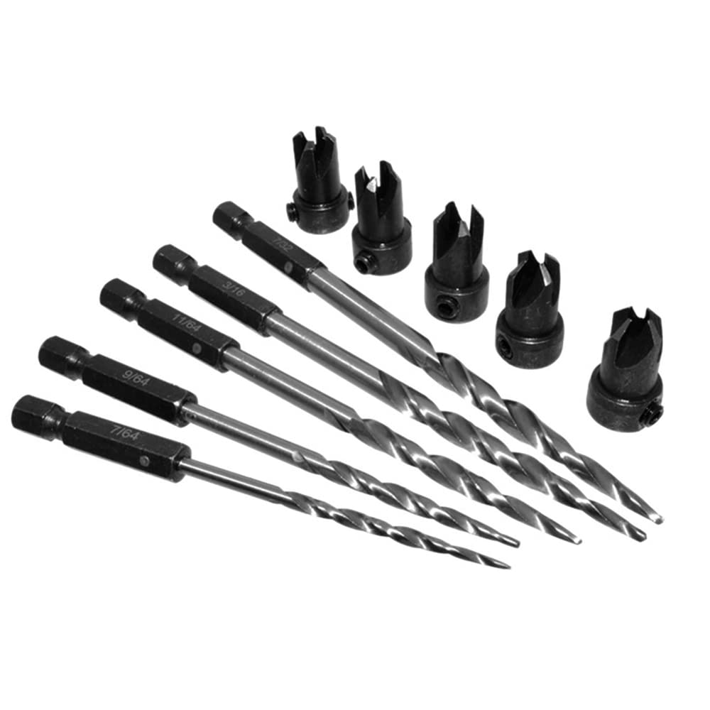 Eyech 5pc Wood Countersink Drill Bit Set Taper Drill Countersink Set 1/4" Hex Shank for Woodworking 7/64 9/64 11/64 3/16 7/32