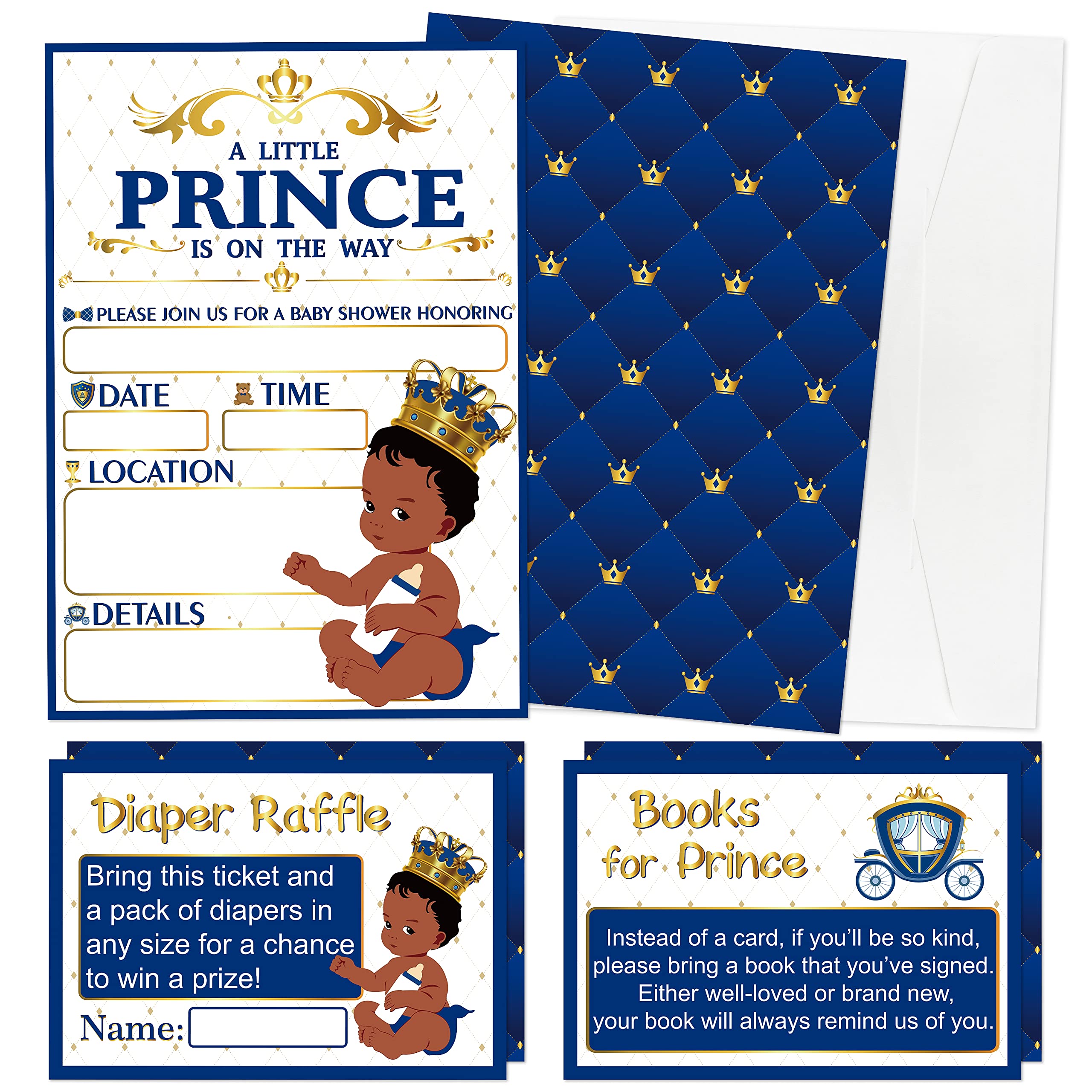 Haooryx Royal Prince Baby Shower Invitations with Book Request Diaper and Raffle Cards for African American Little Prince Baby Boy Birthday It’s a Boy Party Supplies- 25 Fill-in Invites with Envelopes