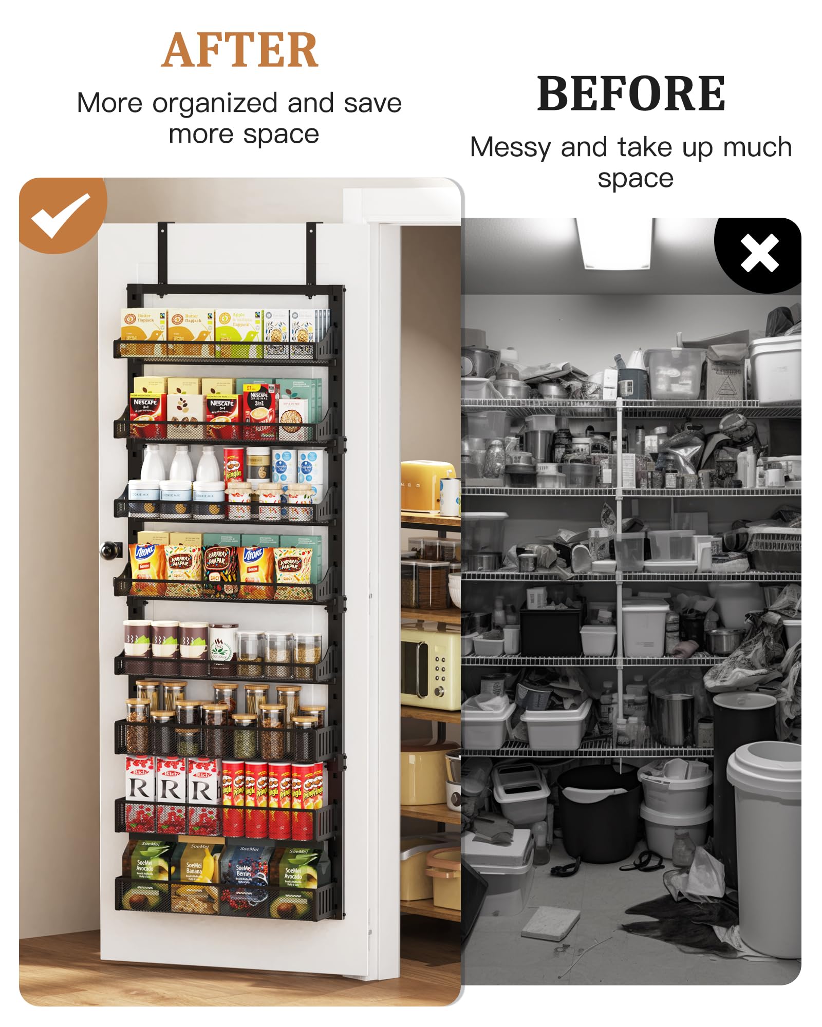 POKIPO 8-Tier Over the Door Pantry Organizer, Large Metal Door Spice Rack with Adjustable Basket, 2 in 1 Wall Mount or Hanging Heavy-Duty Pantry Door Storage Shelf for Kitchen and Bathroom, Black