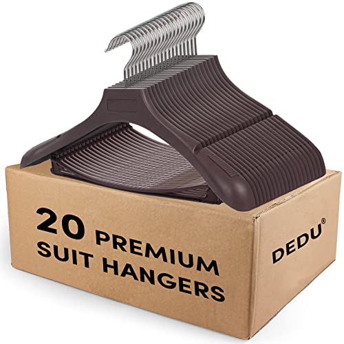 DEDU Plastic Extra Wide Shoulder Suit Hangers for Men 20 Pack Width 17.3", Brown Sweater Hangers no Shoulder Bump Non Slip for Thick Sweaters, Clothes Hangers with Pants Bar 360° Swivel Metal Hook