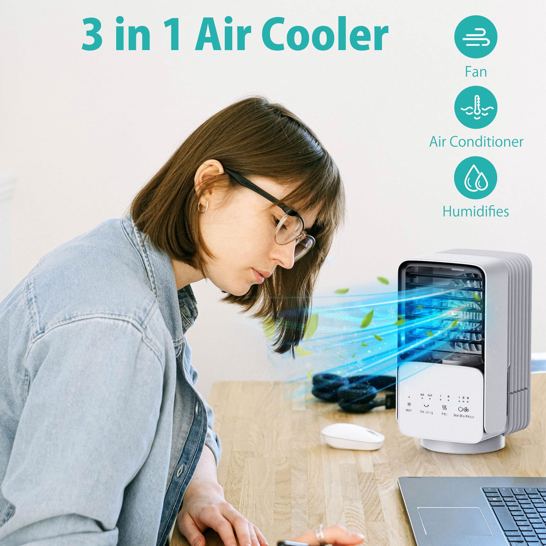 Portable Air Conditioner Fan, Evaporative Air Cooler, USB Personal Desktop Cooling Fan with 3 Speeds, LED Light, 120°Oscillation, 2 Mist Adjustments as Humidifier, Small Air Cooler for Room, Bedroom