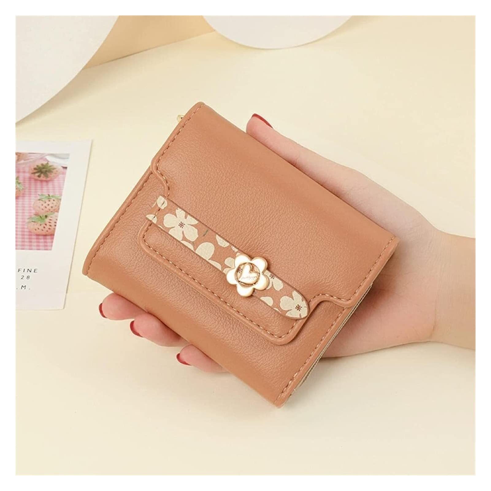 ZHAOCC Ladies Wallet, Ladies Compact Clutch Mini Wallet Women's Short Folding Wallet Simple Trendy Flower Large-Capacity Women's Wallet (Color : Orange)