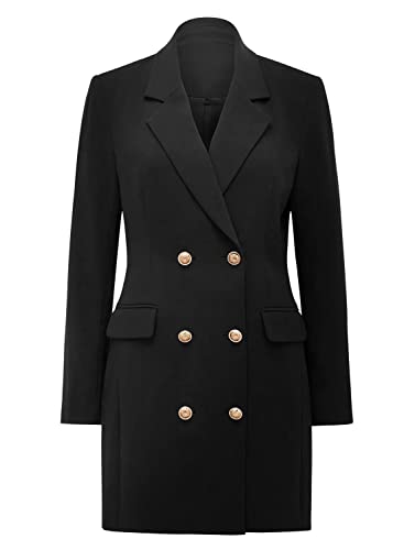 futurino Women's Casual Solid Color Long Sleeve Lapel Double Breasted Mid Length Suit Office Blazer Outwear Black