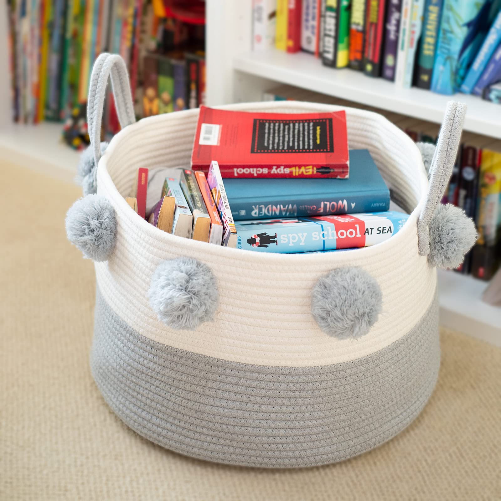 CACTUS & BERRY Pom-Pom Cotton Woven Basket, Laundry Hamper, Toy Storage for Nursery, Decorative Bin with Handles for Living Room Home Decor (17.3βx10.6β)