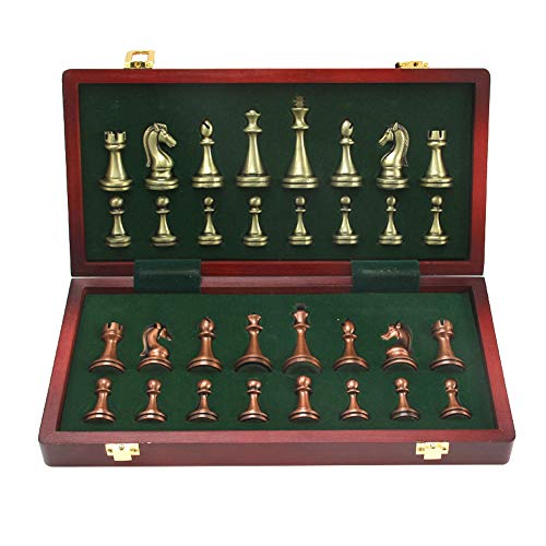 Large Metal Deluxe Chess Retro Copper Plated Alloy Chess Adult Set Board Game Portable Wooden Box Storage Folding, 2 Players Chess Set