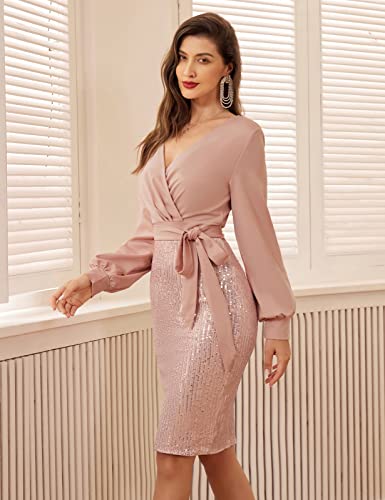 GRACE KARIN Sequin Wedding Guest Dresses for Women Wear to Party Bodycon with Belt Pink XXL