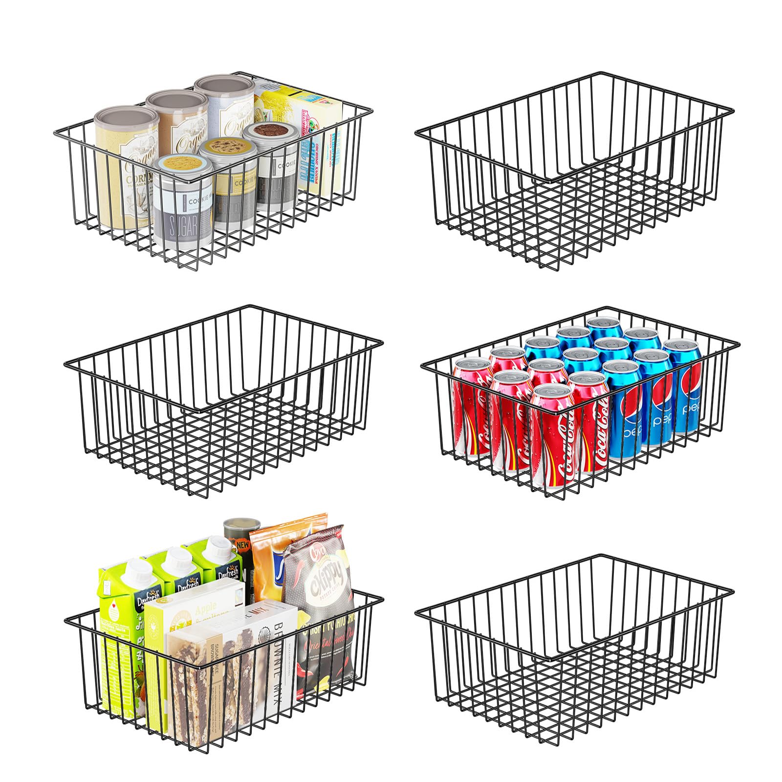Simple Trending 6 Pack Large Wire Baskets for Organization, Metal Pantry Storage Baskets for Cabinet, Kitchen, Garage, Bathroom, Black