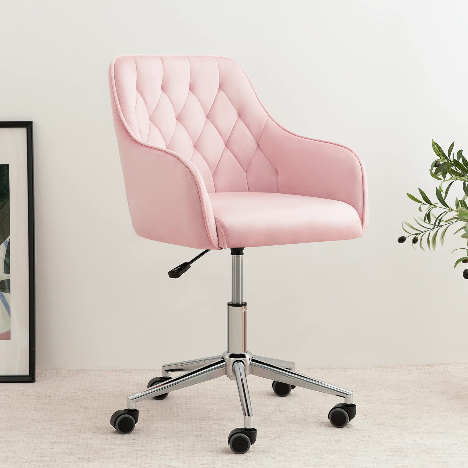 VANSPACE Velvet Desk Chair Vanity Chair for Makeup with Wheels and Back Home Office Chair Adjustable Rolling Swivel Chair for Bedroom Vanity Room Pink