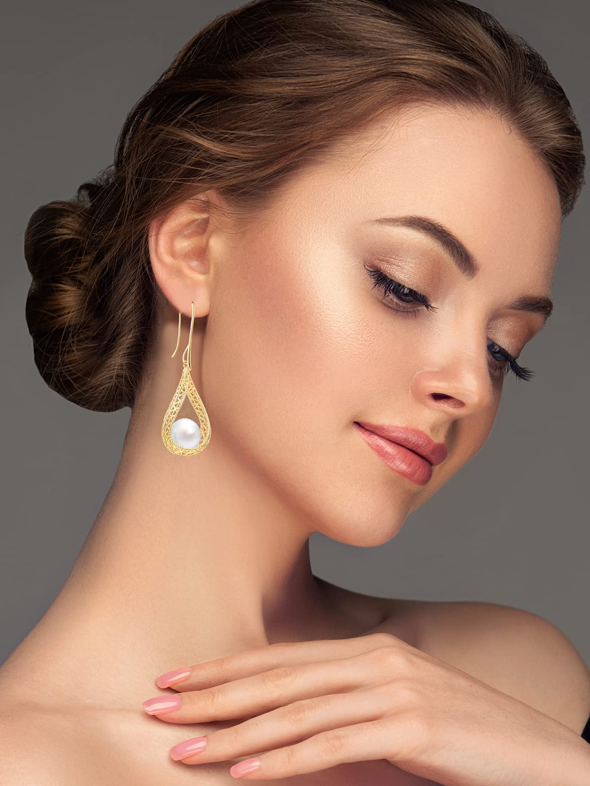 Big White Pearl Dangle Pierced Earrings for Women (White-14K Gold)