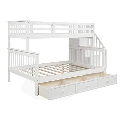 Flieks Twin-Over-Full Bunk Bed with Drawer,4 Storage and Guard Rail, Twin-Over-Full Bunk Bed for Bedroom, Dorm, for Family,Teens,No Box Spring Needed
