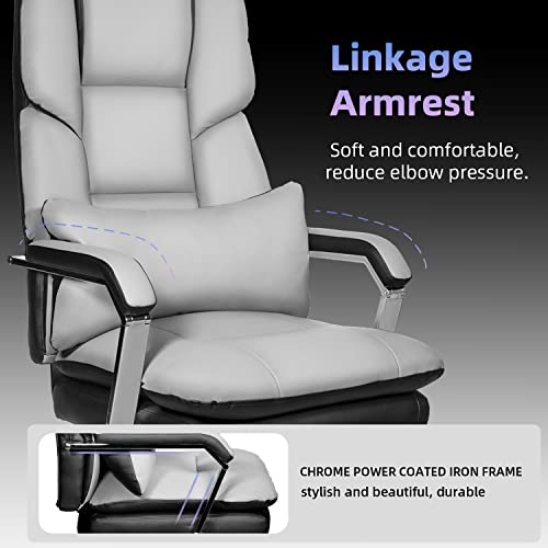 SeekFancy Reclining Office Chair with Footrest, Big and Tall Office Chair 500lbs Wide Seat with 170°Backrest, High Back Leather Managerial Chair Lumbar Support,Grey Executive Office Chair Set of 8