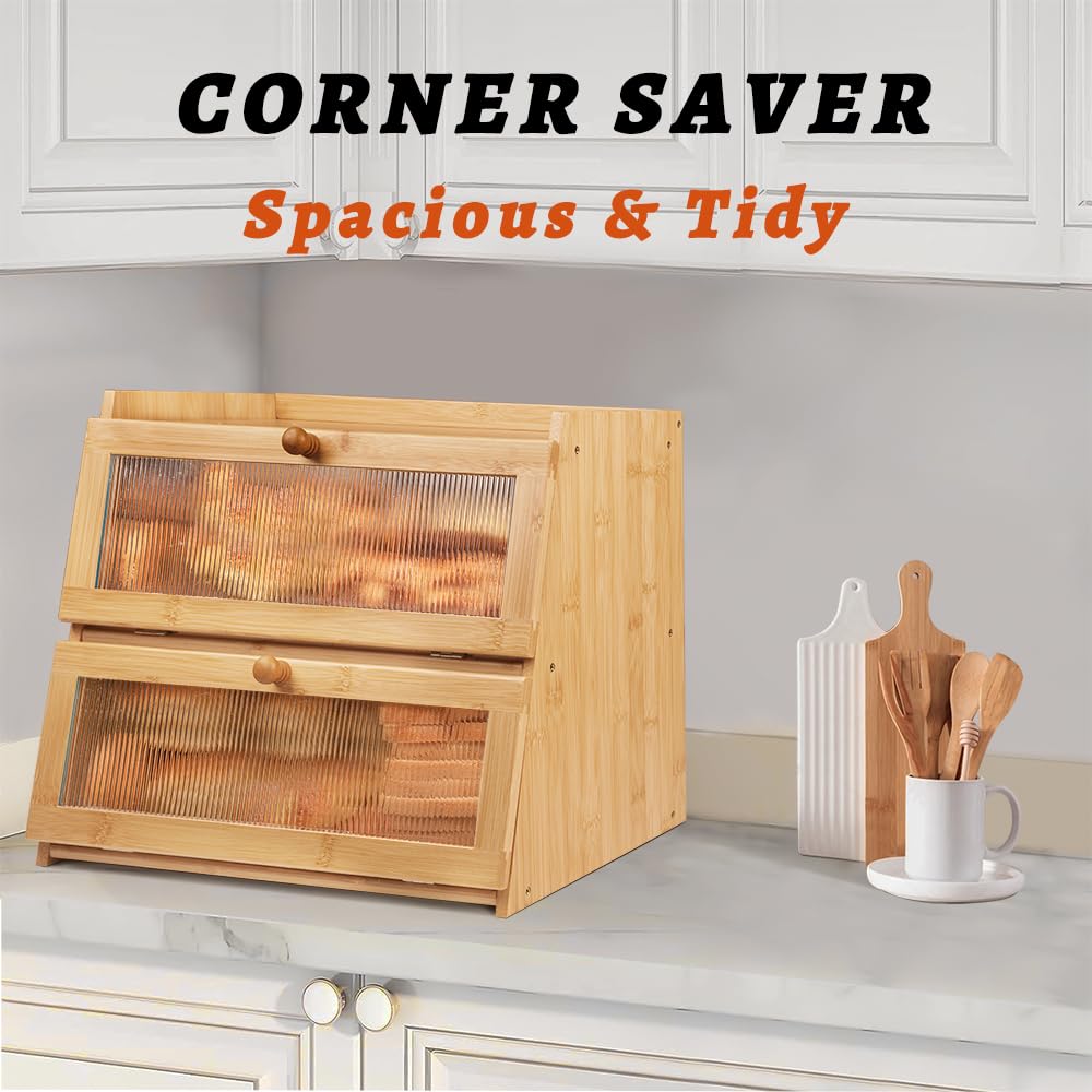 Beavtaens Bread Box, Bamboo Bread Box for Kitchen Countertop, Large Capacity Bread Storage, Bread Container for Kitchen Corner & Living Room & Dining Table (Natural Wood)