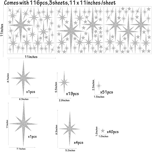 Retro Starburst Mirror Wall Decals Silver 3D Acrylic Sparkle Wall Decors Star Wall Stickers Removable Star Decals Home Wall Decors(123pcs)