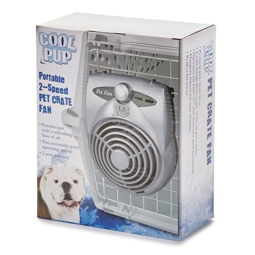 Cool Pup Crate Fan, 8x6.25x2.5β in Size β Quiet Battery Fan Keeps Dogs & Cats Cool with Built-in Thermometer, Silver