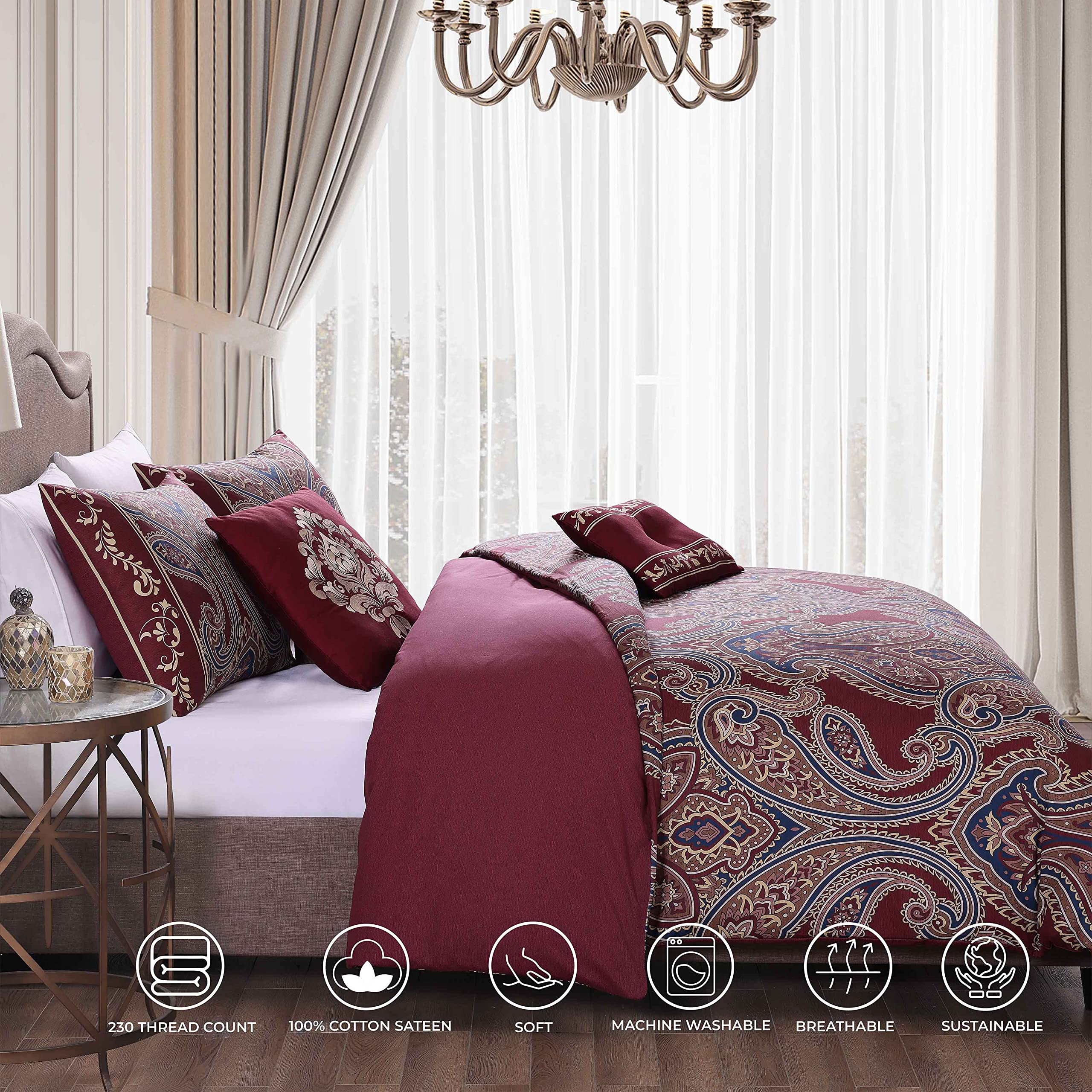 Bebejan Rossana Cotton 5 Piece Comforter Set | Teal, Gold, Beige, Terracotta Paisley Printed Pattern | Reversible | Cozy, Soft, Breathable | 1 Comforter, 2 Shams, 2 Pillows (Full/Queen)