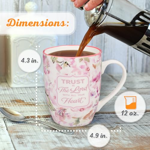 Christian Art Gifts Encouraging Ceramic Coffee & Tea Bible Verse Mug for Women: Trust in the Lord Inspirational Scripture Proverb, Microwave & Dishwasher Safe, White & Pink Watercolor Floral, 12 oz.