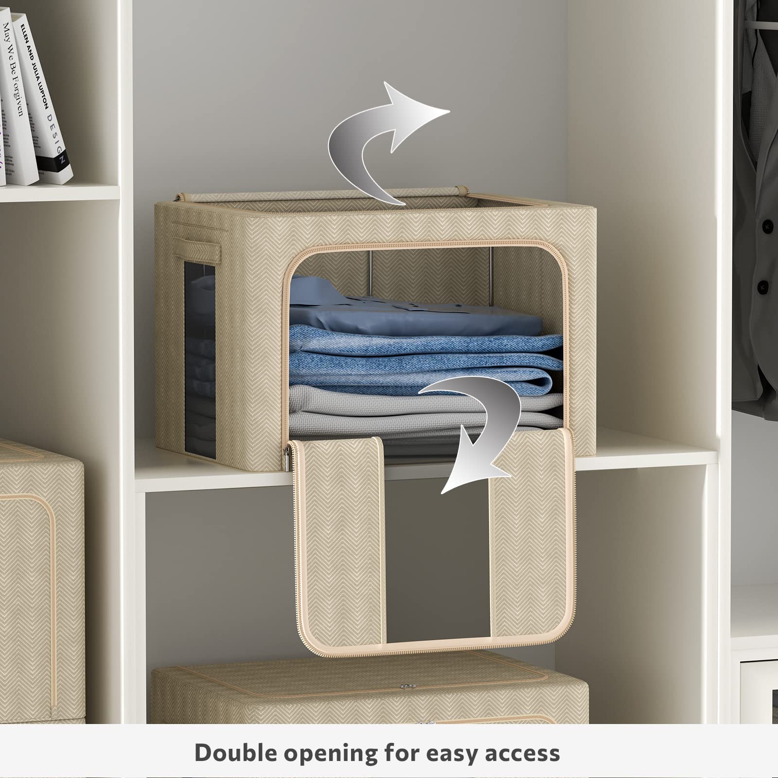 FHSQX Clothes Storage Organizer Bins- Stackable Storage Containers for Closet Foldable Storage Bins for Clothes with Clear Window & Carry Handles (Extra Large-100L(23.6x16.5x15.7inch), Beige)