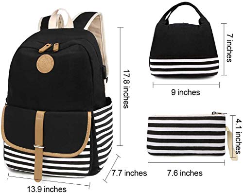 EZYCOK School Backpack for Teen Girls Women with USB Charging Port, Lightweight Canvas Backpack College Bookbag with Lunch Bag and Pencil Case, Black