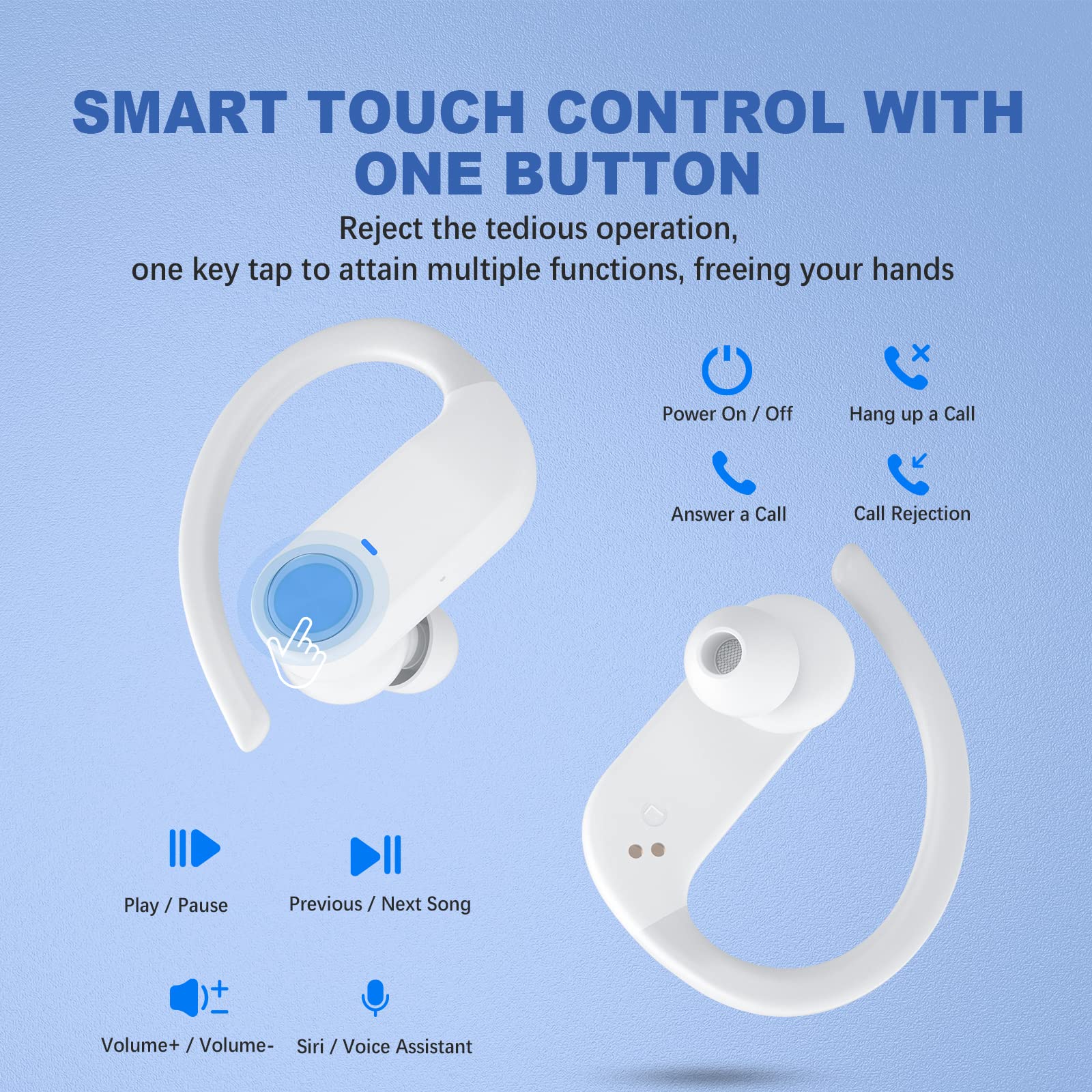 BEBEN Wireless Earbuds, 35H Playtime Bluetooth Headphones with Mics and Charging Case for iPhone Android, Waterproof Running Headphones for Gym Workout, Hi-Fi Sound Over Ear Buds with Earhooks-White
