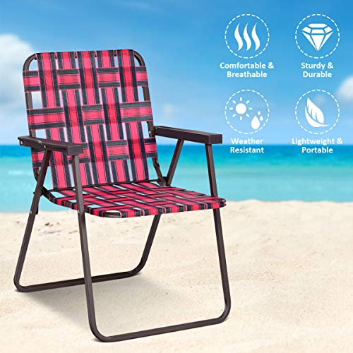 GYMAX Folding Chair, 6Pcs Patio Lawn Chair Set with Armrest, Indoor/Outdoor 6 Pack Webbed Lightweight Dinning Chair, Portable Beach Chair for Outside, Poolside, Backyard (Red)