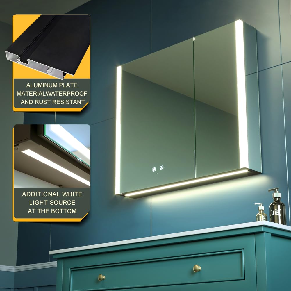 KWW LED Bathroom Mirror Cabinet with Socket & USBs, Defogger, Dimmable, 3 Color Light Makeup Mirror, Easy to Install, Wall Mounted Medicine Cabinet (32 x 28 Inch)