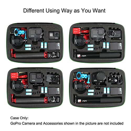 HSU Large Carrying Case for GoPro Hero 10 Hero 9 Hero 8 and Accessories, DJI Osmo Action,AKASO,Campark,YI Action Camera and More (Upgrade Sponge Precut Slots) (Green)
