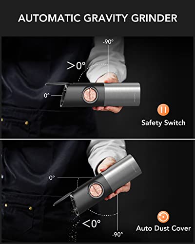Gravity Electric Salt and Pepper Grinder Set, ππ©π π«ππππ Large Capacity, USB Rechargeable Automatic One Hand Operated, Adjustable Coarseness, Auto Dust Lid, LED Light, Stain Steel Grey, 2 Mills