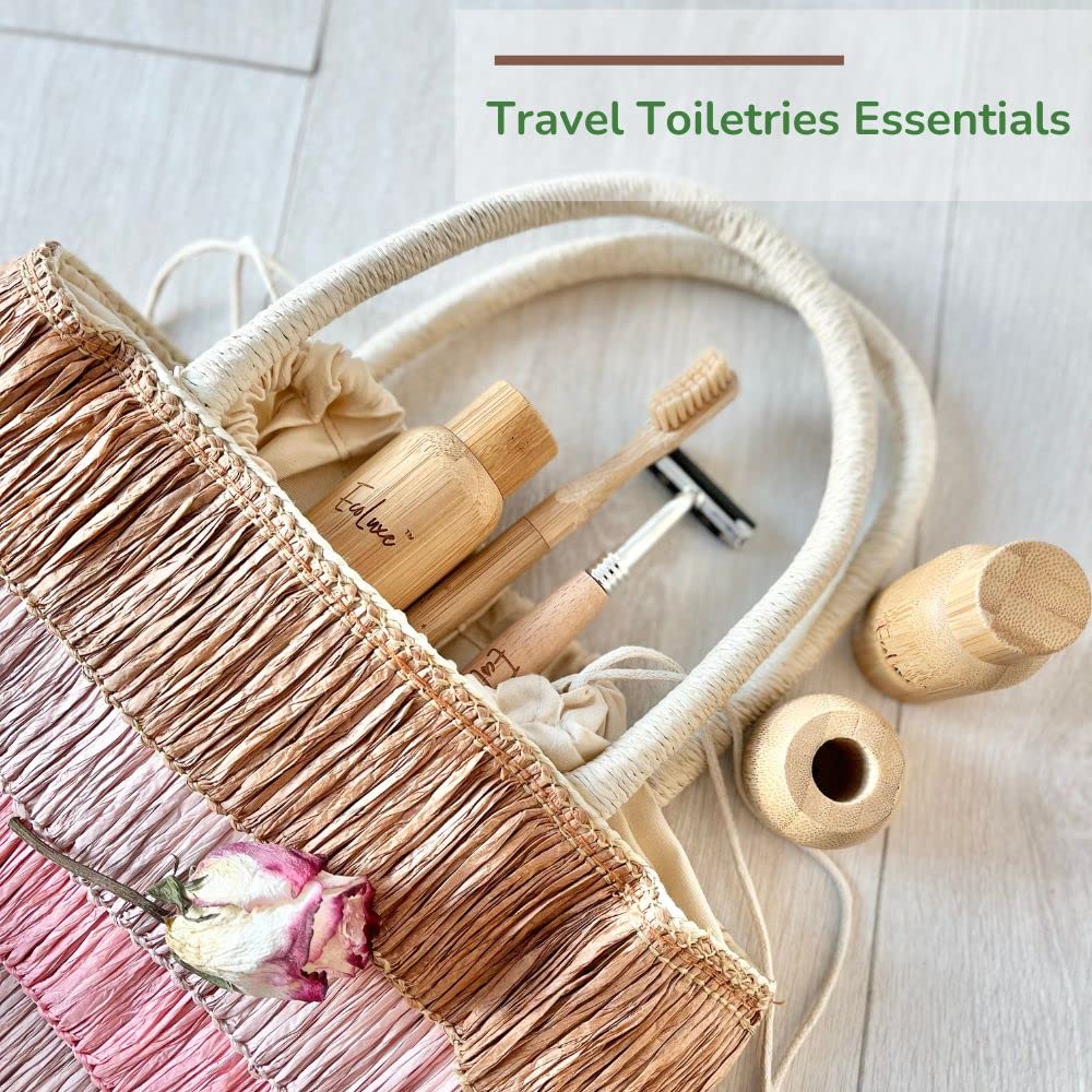 EcoLuxe Sustainable Gift Box Personal Care Travel Sized Toiletries Bundle, Bamboo Toothbrush, Dental Floss, Comb,Liquid Containers, Razor, Bamboo Travel Case and Stand, 9 Items