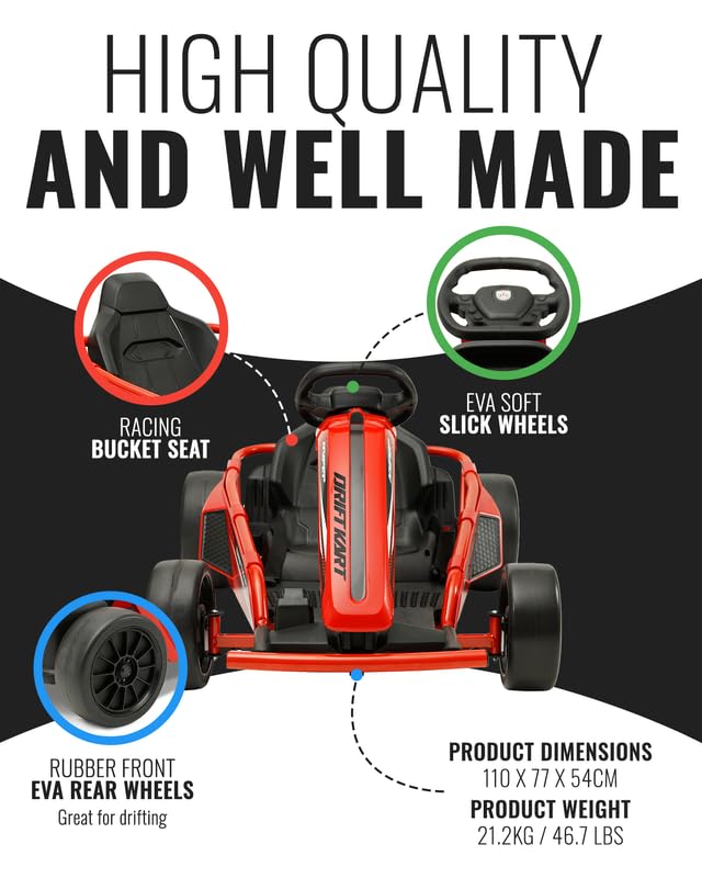 Hyper 24V Ride-On Electric Go Kart for Kids 8-14 Years, 3-Speed Setting with Drift Kart Mode, Foot Accelerated Pedal, Up to 9MPH Speed, 154 Lbs Max Weight, Ergonomic Seat & Sturdy Steel Frame, Red
