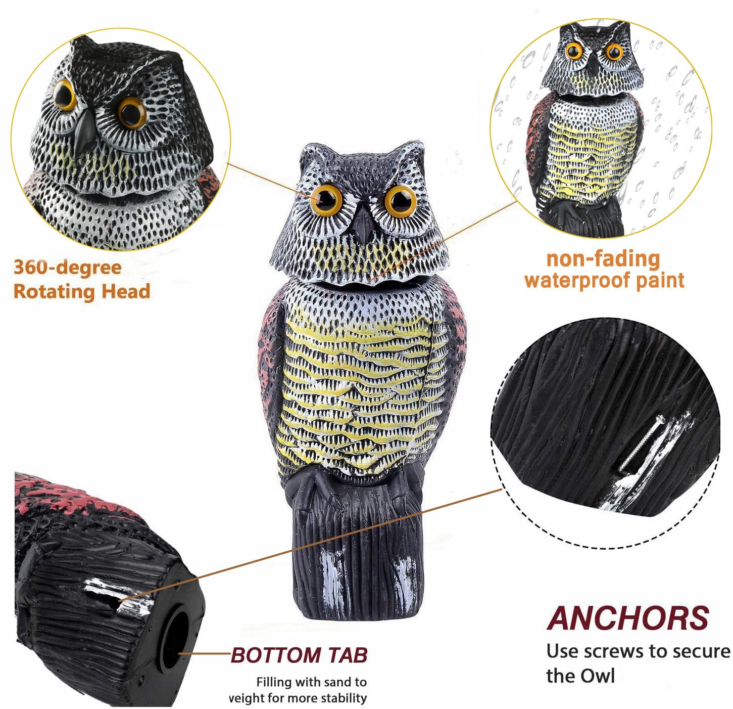 CLEYCYE Fake Owl Scarecrow Sculpture with Rotating Head for Outdoor Garden Yards