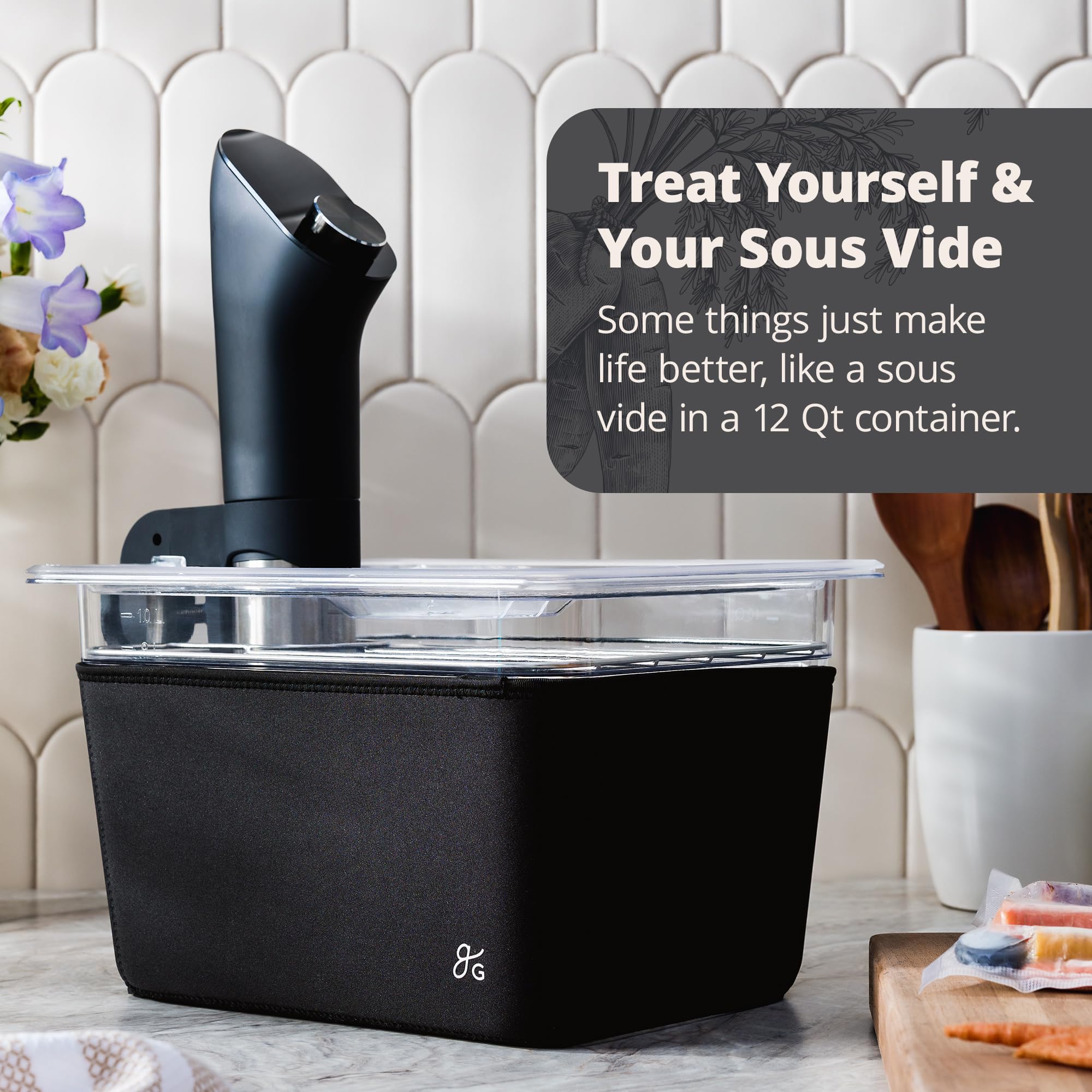 Greater Goods Sous Vide Container 12 Qt with Stainless Steel Rack, Insulation Sleeve, and Lid, (Onyx Black)