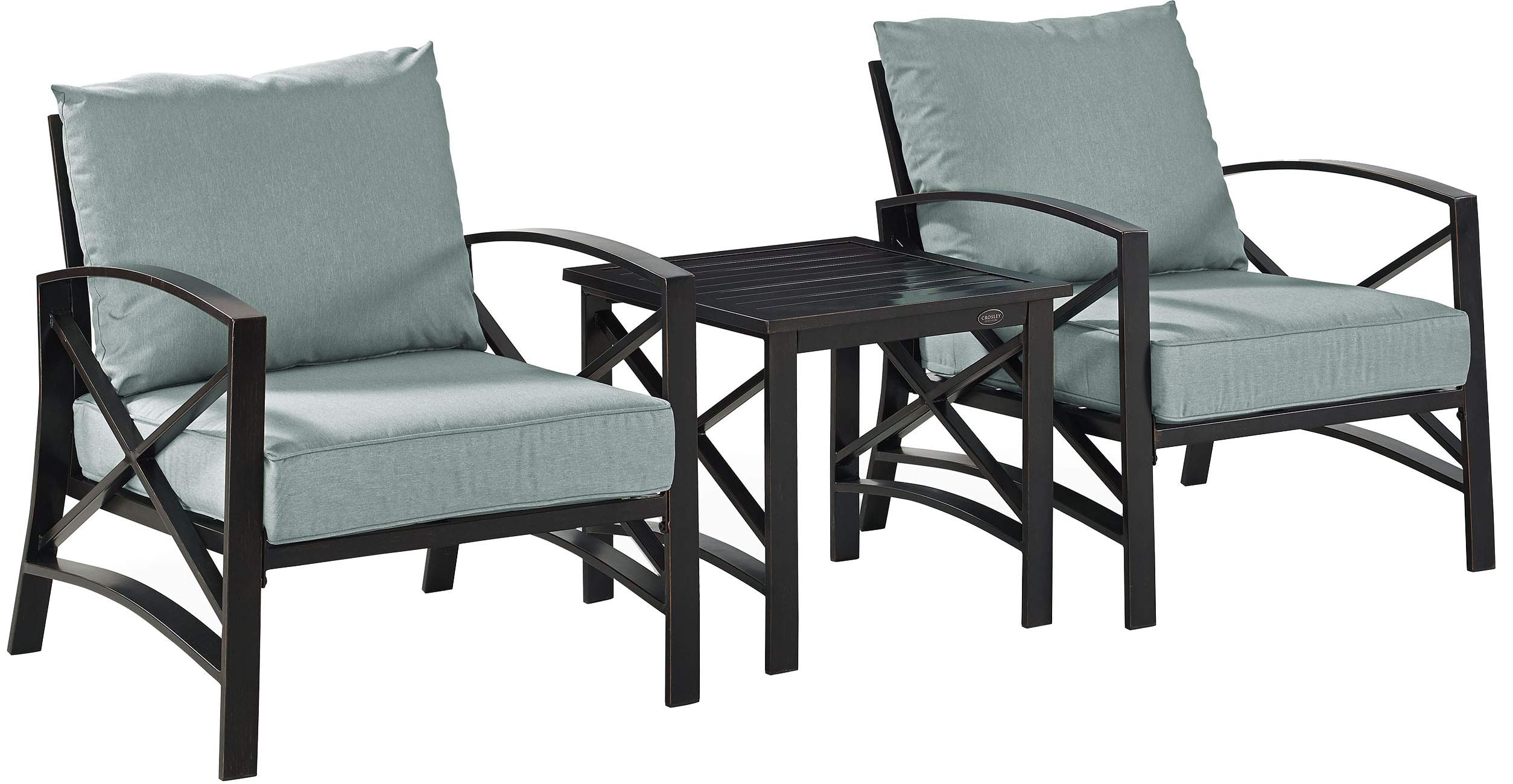 Crosley Furniture Kaplan 3-Piece Outdoor Chair and Side Table Set, Patio Conversation Sets for Porch, Deck, Oiled Bronze with Mist Cushions